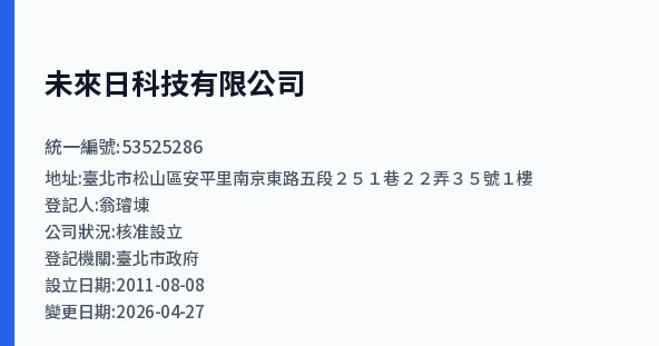 未來日科技有限公司的照片-統編 53525286(臺北市) 公司登記資料與營業項目詳細圖表