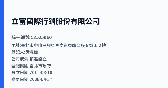 立富國際行銷股份有限公司的照片-統編 53525960(臺北市) 公司登記資料與營業項目詳細圖表