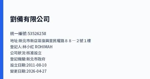 劉備有限公司的照片-統編 53526258(新北市) 公司登記資料與營業項目詳細圖表