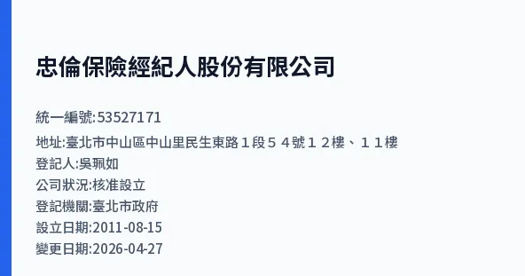 忠倫保險經紀人股份有限公司的照片-統編 53527171(臺北市) 公司登記資料與營業項目詳細圖表