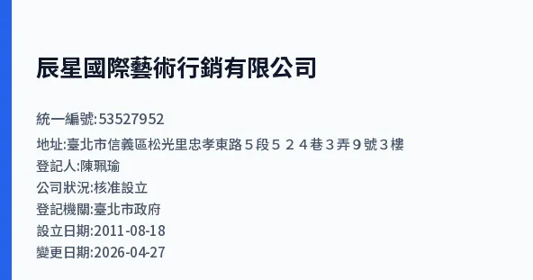 辰星國際藝術行銷有限公司的照片-統編 53527952(臺北市) 公司登記資料與營業項目詳細圖表