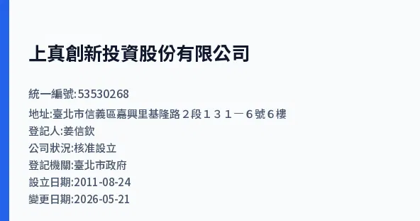 上真創新投資股份有限公司的照片-統編 53530268(臺北市) 公司登記資料與營業項目詳細圖表