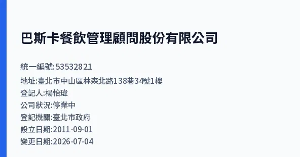 巴斯卡餐飲管理顧問股份有限公司的照片-統編 53532821(臺北市) 公司登記資料與營業項目詳細圖表