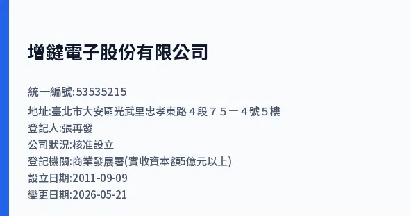 增鐽電子股份有限公司的照片-統編 53535215(臺北市) 公司登記資料與營業項目詳細圖表