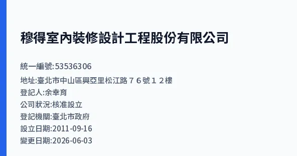 穆得室內裝修設計工程股份有限公司的照片-統編 53536306(臺北市) 公司登記資料與營業項目詳細圖表