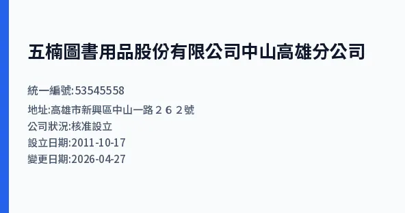 五楠圖書用品股份有限公司中山高雄分公司的照片-統編 53545558(高雄市) 公司登記資料與營業項目詳細圖表