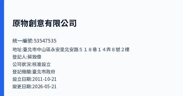 原物創意有限公司的照片-統編 53547535(臺北市) 公司登記資料與營業項目詳細圖表