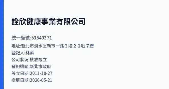 詮欣健康事業有限公司的照片-統編 53549371(新北市) 公司登記資料與營業項目詳細圖表