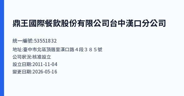 鼎王國際餐飲股份有限公司台中漢口分公司的照片-統編 53551832(臺中市) 公司登記資料與營業項目詳細圖表