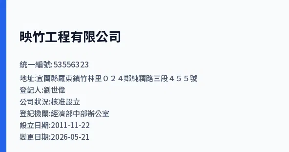 映竹工程有限公司的照片-統編 53556323(宜蘭縣) 公司登記資料與營業項目詳細圖表