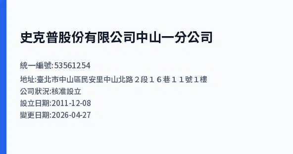 史克普股份有限公司中山一分公司的照片-統編 53561254(臺北市) 公司登記資料與營業項目詳細圖表
