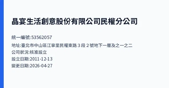 晶宴生活創意股份有限公司民權分公司的照片-統編 53562057(臺北市) 公司登記資料與營業項目詳細圖表