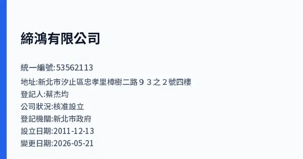 締鴻有限公司的照片-統編 53562113(新北市) 公司登記資料與營業項目詳細圖表