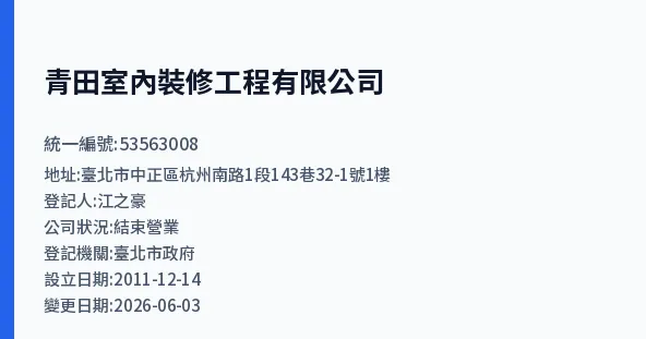 青田室內裝修工程有限公司的照片-統編 53563008(臺北市) 公司登記資料與營業項目詳細圖表