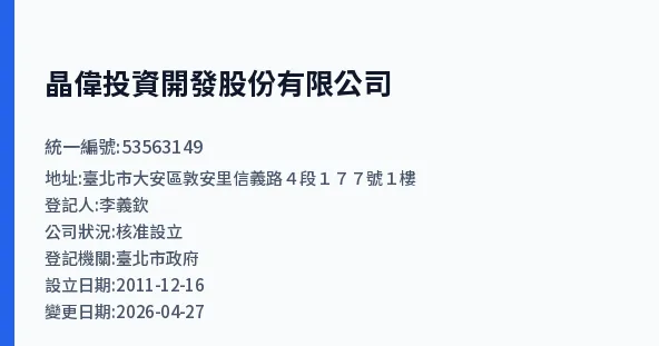 晶偉投資開發股份有限公司的照片-統編 53563149(臺北市) 公司登記資料與營業項目詳細圖表