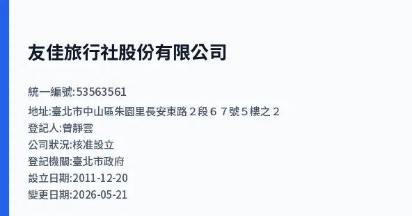友佳旅行社股份有限公司的照片-統編 53563561(臺北市) 公司登記資料與營業項目詳細圖表