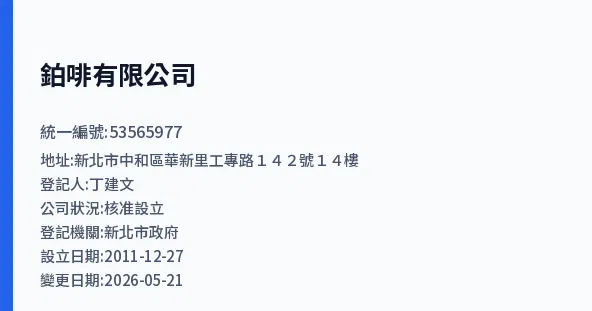 鉑啡有限公司的照片-統編 53565977(新北市) 公司登記資料與營業項目詳細圖表