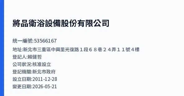 將品衛浴設備股份有限公司的照片-統編 53566167(新北市) 公司登記資料與營業項目詳細圖表