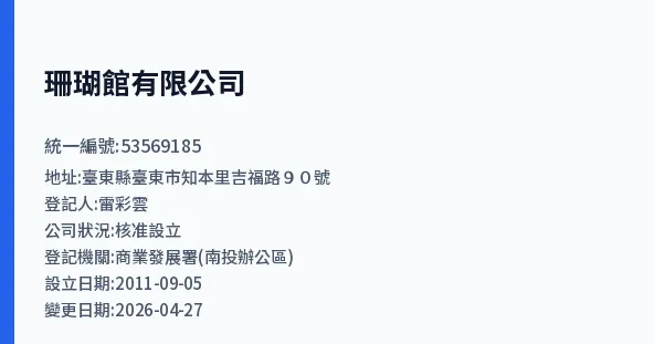 珊瑚館有限公司的照片-統編 53569185(臺東縣) 公司登記資料與營業項目詳細圖表