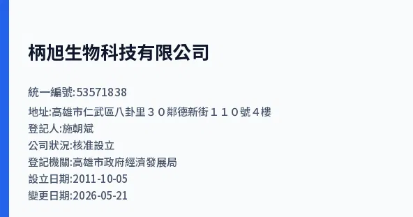 柄旭生物科技有限公司的照片-統編 53571838(高雄市) 公司登記資料與營業項目詳細圖表