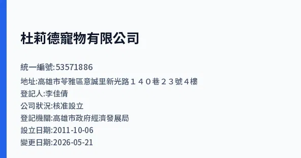 杜莉德寵物有限公司的照片-統編 53571886(高雄市) 公司登記資料與營業項目詳細圖表