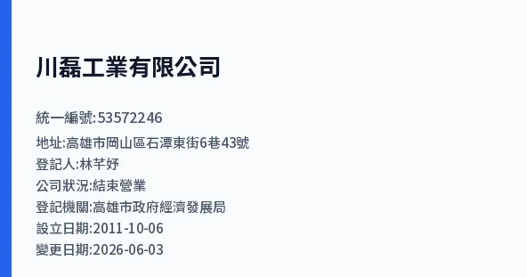 川磊工業有限公司的照片-統編 53572246(高雄市) 公司登記資料與營業項目詳細圖表