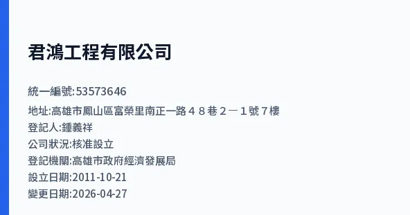 君鴻工程有限公司的照片-統編 53573646(高雄市) 公司登記資料與營業項目詳細圖表