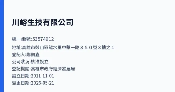 川峪生技有限公司的照片-統編 53574912(高雄市) 公司登記資料與營業項目詳細圖表