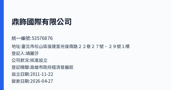 鼎飾國際有限公司的照片-統編 53576876(臺北市) 公司登記資料與營業項目詳細圖表