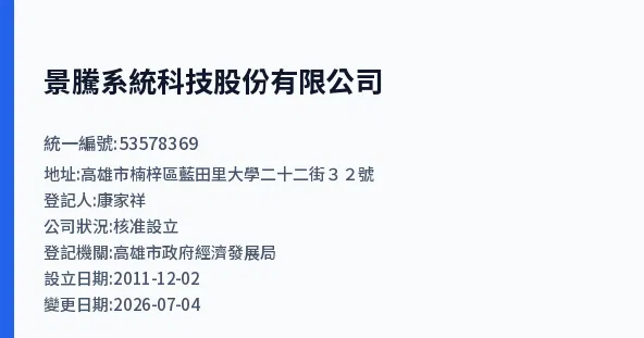 景騰系統科技股份有限公司的照片-統編 53578369(高雄市) 公司登記資料與營業項目詳細圖表