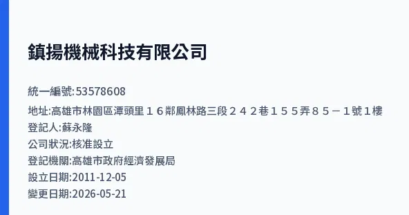 鎮揚機械科技有限公司的照片-統編 53578608(高雄市) 公司登記資料與營業項目詳細圖表