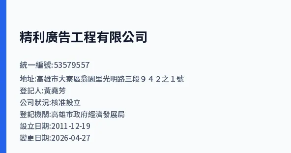 精利廣告工程有限公司的照片-統編 53579557(高雄市) 公司登記資料與營業項目詳細圖表