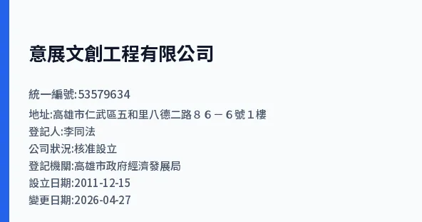 意展文創工程有限公司的照片-統編 53579634(高雄市) 公司登記資料與營業項目詳細圖表