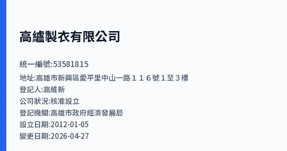 高纑製衣有限公司的照片-統編 53581815(高雄市) 公司登記資料與營業項目詳細圖表