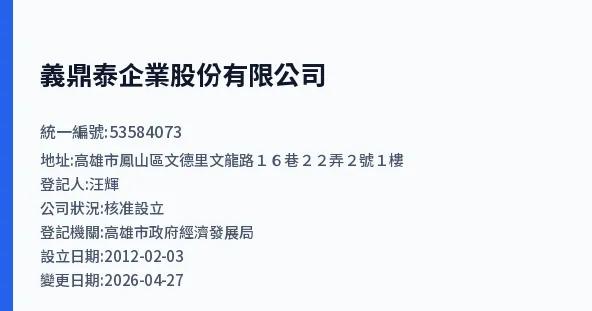 義鼎泰企業股份有限公司的照片-統編 53584073(高雄市) 公司登記資料與營業項目詳細圖表
