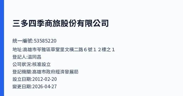 三多四季商旅股份有限公司的照片-統編 53585220(高雄市) 公司登記資料與營業項目詳細圖表