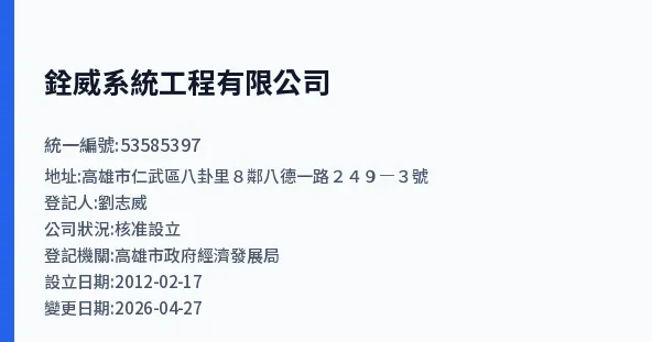 銓威系統工程有限公司的照片-統編 53585397(高雄市) 公司登記資料與營業項目詳細圖表