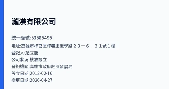 瀧渼有限公司的照片-統編 53585495(高雄市) 公司登記資料與營業項目詳細圖表