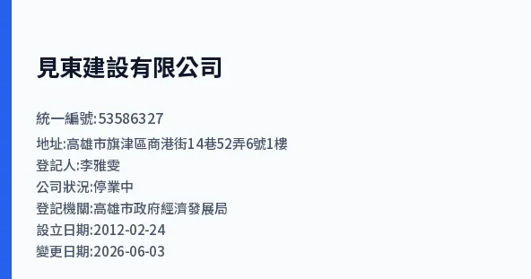 見東建設有限公司的照片-統編 53586327(高雄市) 公司登記資料與營業項目詳細圖表