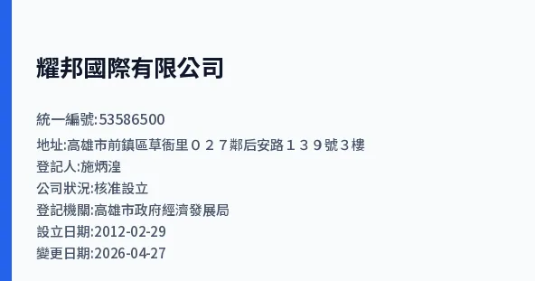 耀邦國際有限公司的照片-統編 53586500(高雄市) 公司登記資料與營業項目詳細圖表