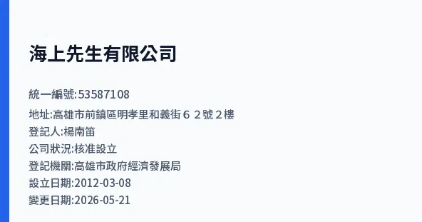 海上先生有限公司的照片-統編 53587108(高雄市) 公司登記資料與營業項目詳細圖表
