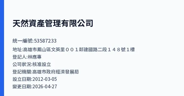 天然資產管理有限公司的照片-統編 53587233(高雄市) 公司登記資料與營業項目詳細圖表