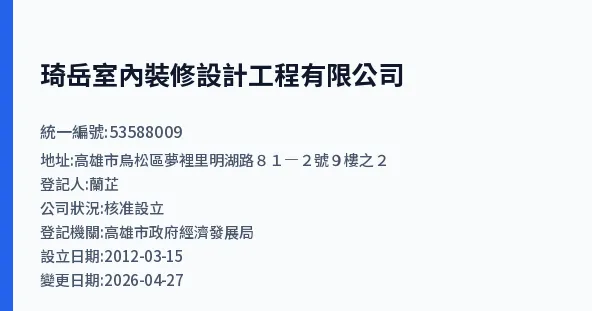 琦岳室內裝修設計工程有限公司的照片-統編 53588009(高雄市) 公司登記資料與營業項目詳細圖表