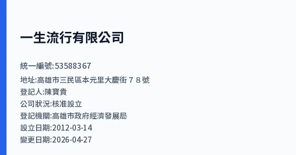一生流行有限公司的照片-統編 53588367(高雄市) 公司登記資料與營業項目詳細圖表