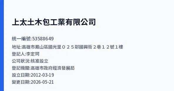 上太土木包工業有限公司的照片-統編 53588649(高雄市) 公司登記資料與營業項目詳細圖表