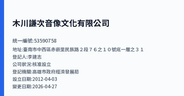 木川謙次音像文化有限公司的照片-統編 53590758(臺南市) 公司登記資料與營業項目詳細圖表