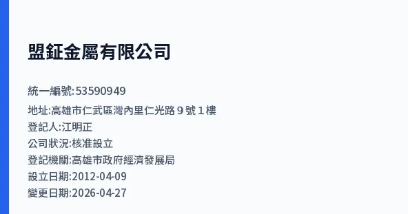 盟鉦金屬有限公司的照片-統編 53590949(高雄市) 公司登記資料與營業項目詳細圖表