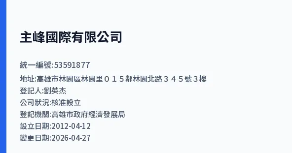 主峰國際有限公司的照片-統編 53591877(高雄市) 公司登記資料與營業項目詳細圖表