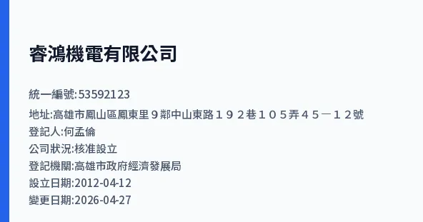 睿鴻機電有限公司的照片-統編 53592123(高雄市) 公司登記資料與營業項目詳細圖表