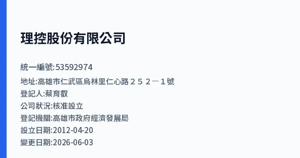 理控股份有限公司的照片-統編 53592974(高雄市) 公司登記資料與營業項目詳細圖表